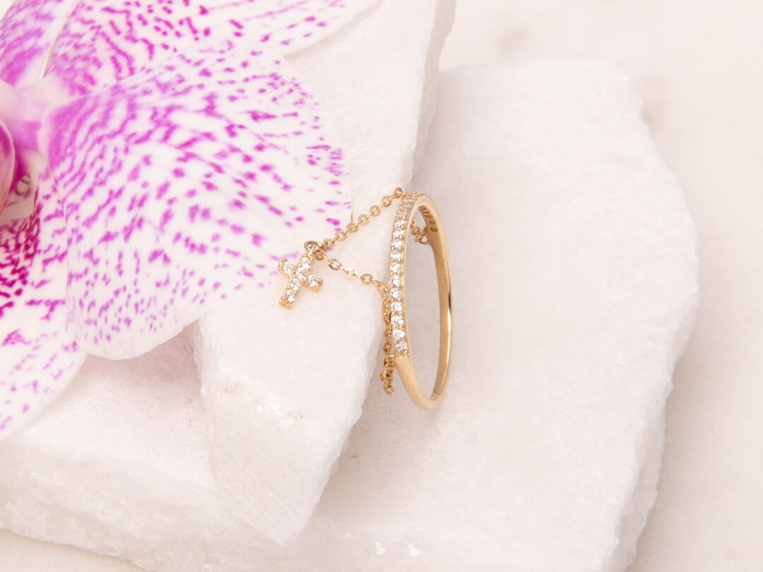 Chain Cross Ring, 14K Solid Gold Cross, Yellow Gold Chain Ring, Faith ...