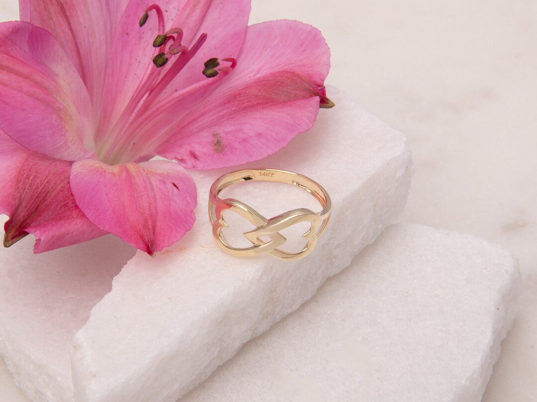 Interlocking Hearts Ring, 14K Solid Gold, Love Ring for Women, Dainty ...