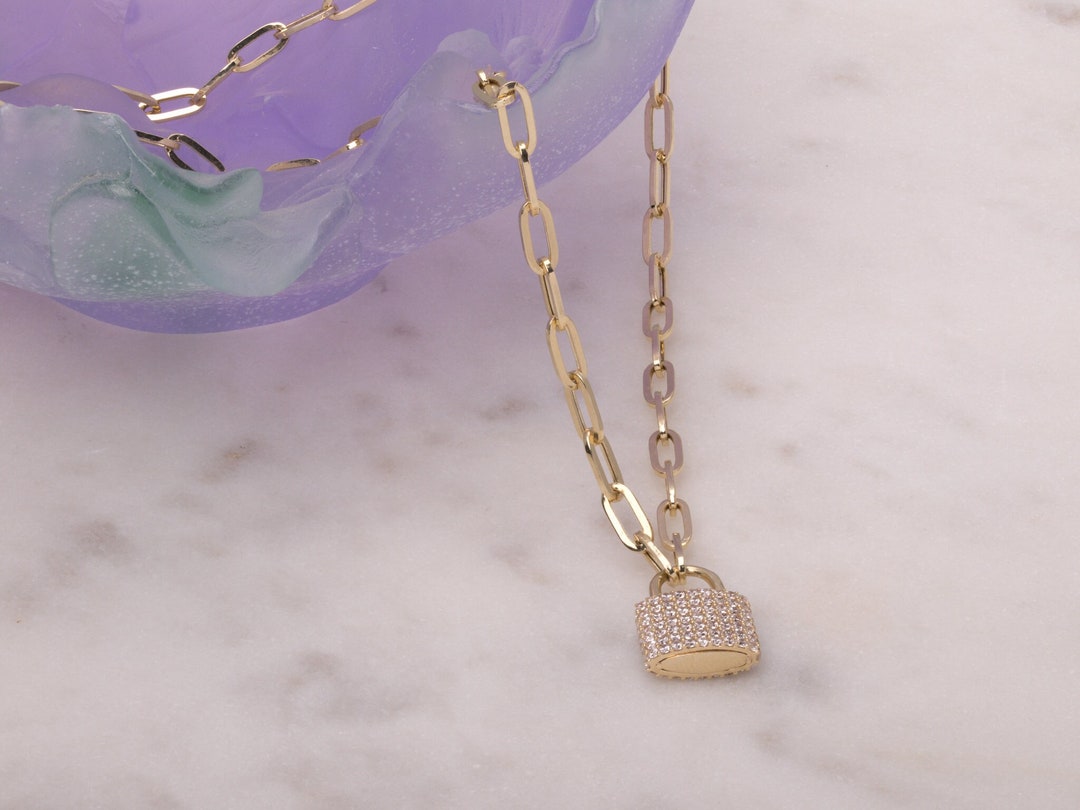 Diamond Lock Necklace, 14K Paperclip Chain Necklace, Solid Gold Lock ...