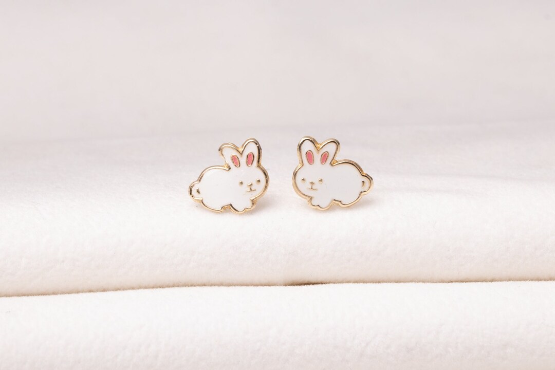 14k Solid Gold Rabbit Earrings Stud - Etsy