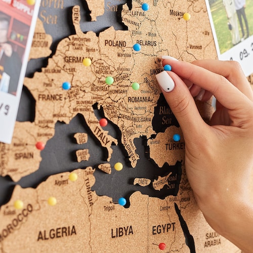 World Map Push Pin Wall Art Cork World Map Board Wooden - Etsy