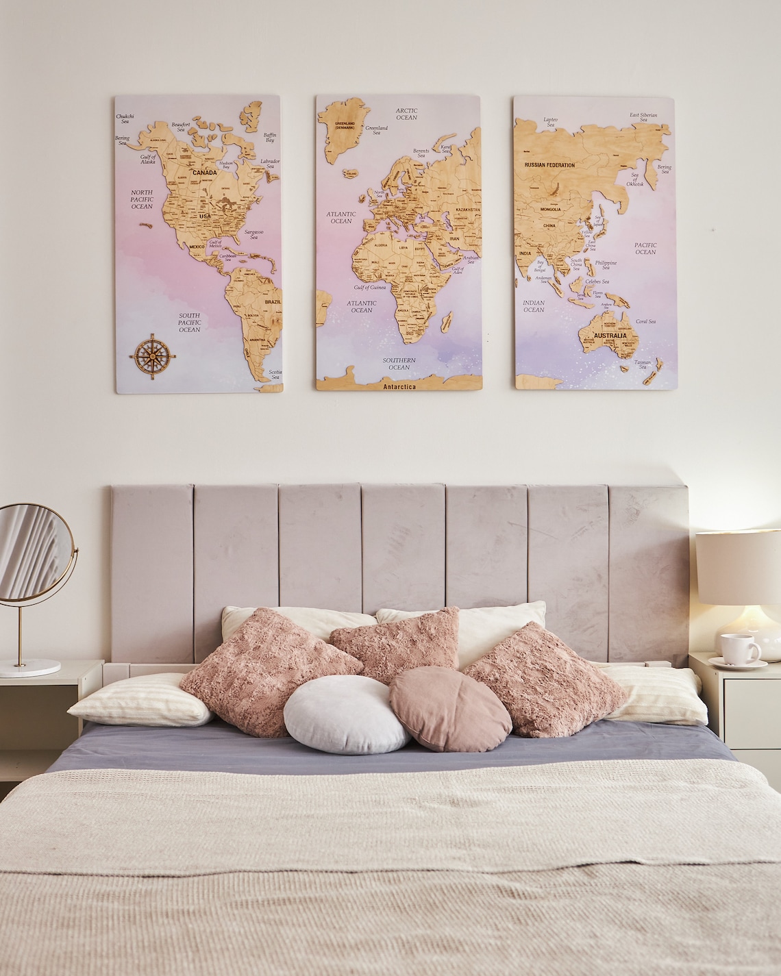 3 Panel Wall Art Above Bed Decor World Map Wall Art Travel - Etsy