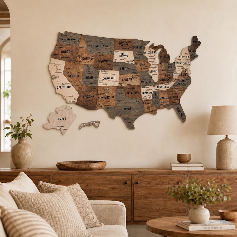 Wooden United States Wall Map, Large USA Wood Wall Art for Home Decor ...