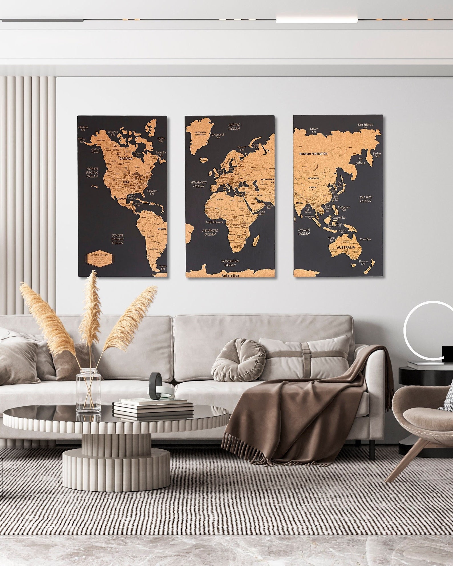 World Map Set of 3 Wall Art, Apartment Decor Travel Map 5th Anniversary ...