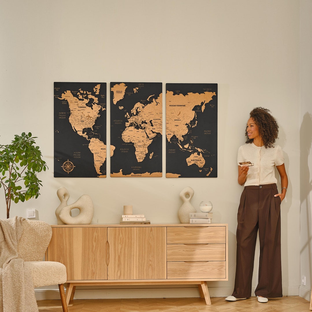 World Map Push Pin Travel Map With Pins, Wooden World Map Wall Art ...