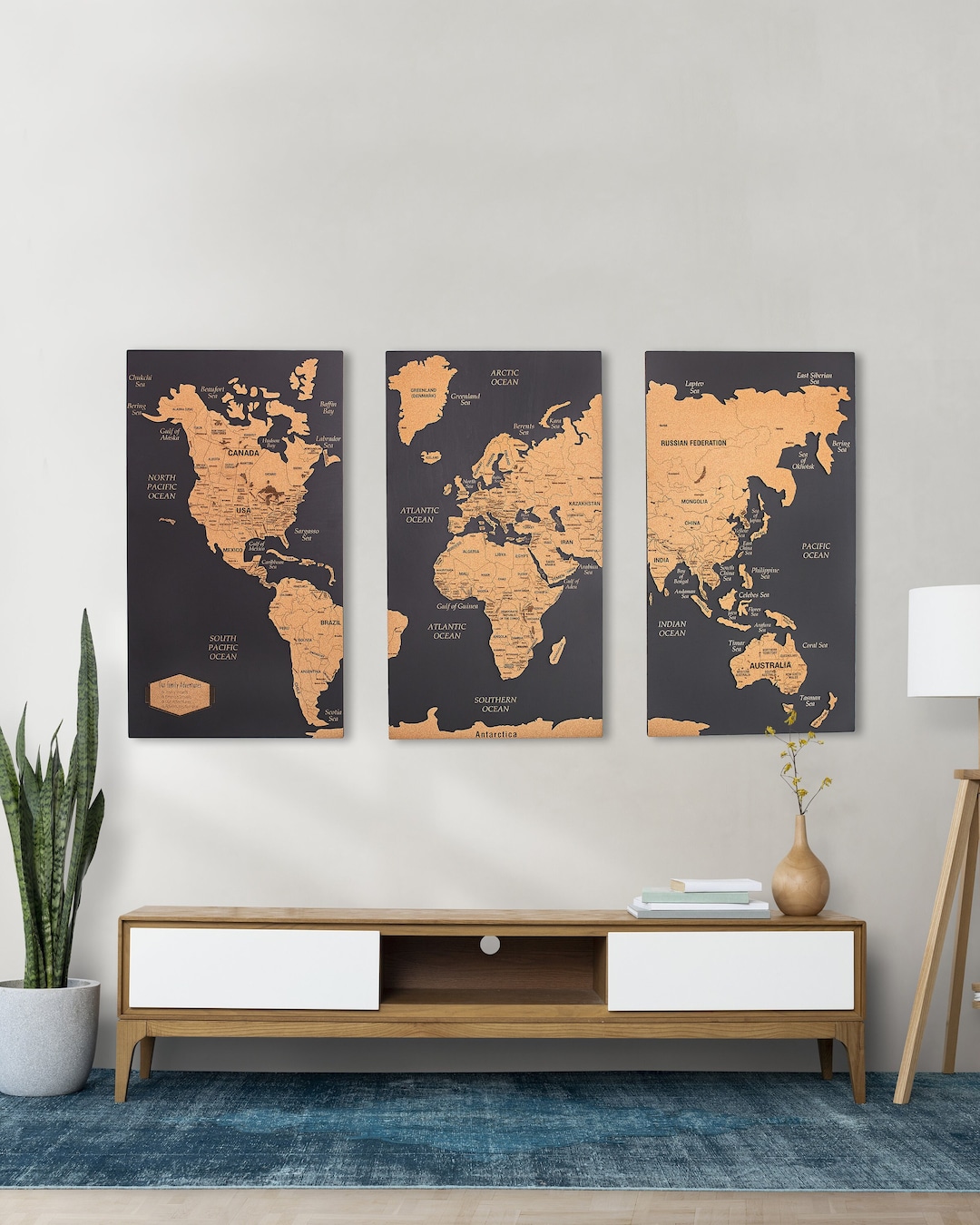3 Panel World Map Wall Art Above Bed Decor, World Map Push Pin Travel ...
