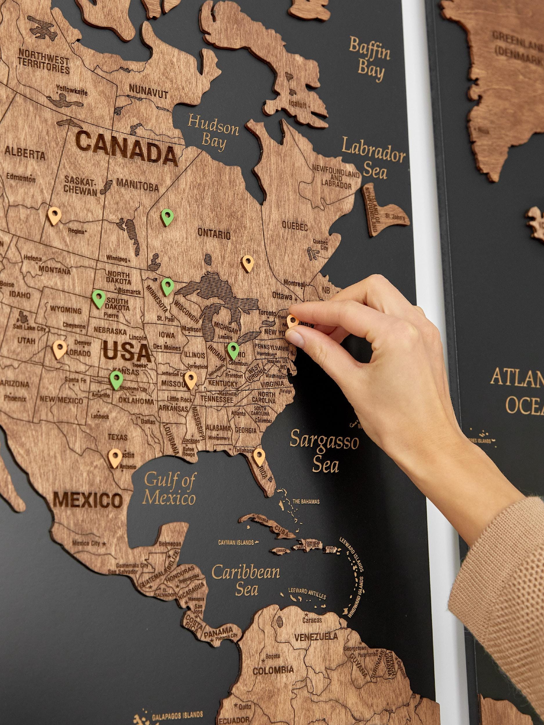 World Map Push Pin, Wooden World Map Wall Art 5th Anniversary Gift ...
