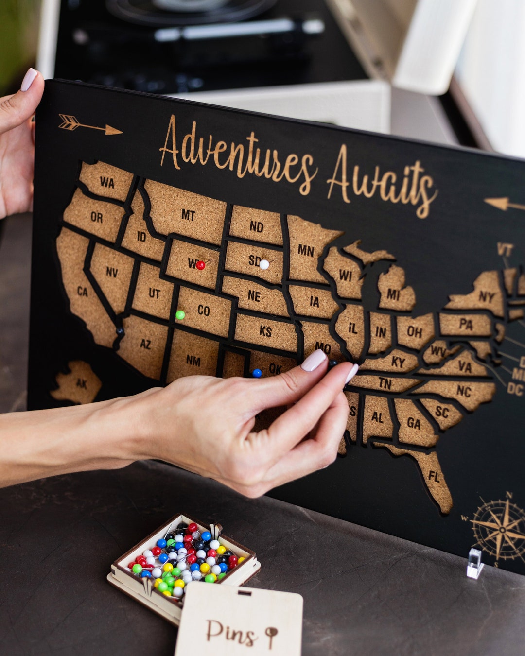 Wooden Push Pin Map Shelf Decor, Pin Board USA Map Couples Gift, 5th ...