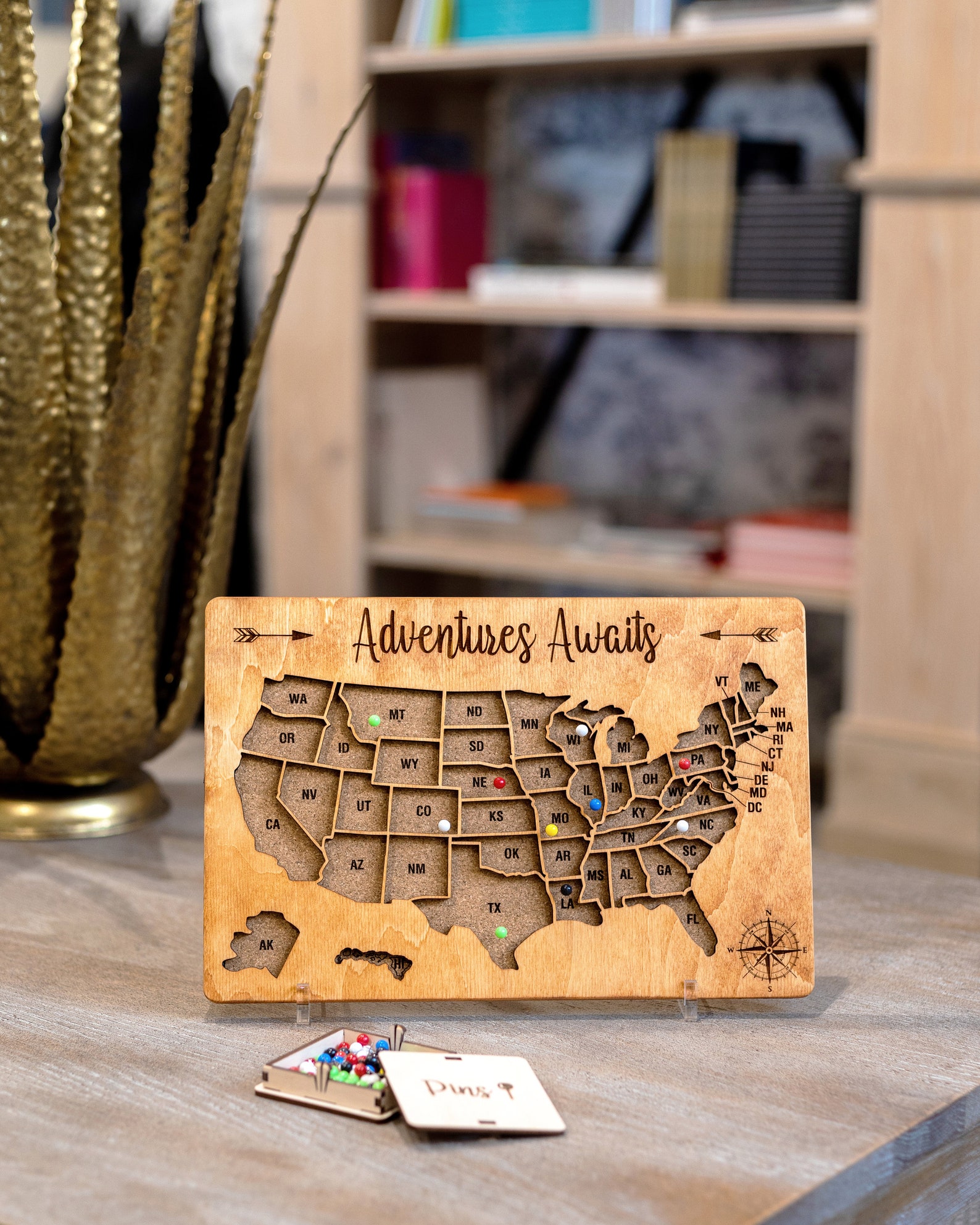 Wooden Push Pin Map Shelf Decor, Pin Board USA Map Couples Gift, 5th ...