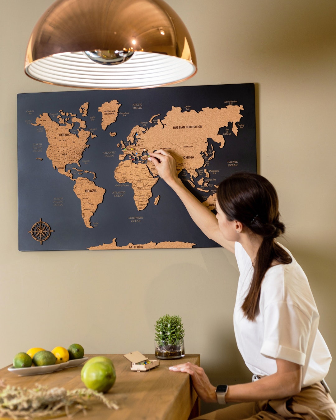 Large World Map Wall Art, Wood World Map Push Pin, 3 Piece Wall Art ...