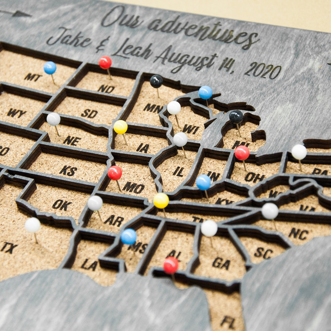 US Travel Map, Push Pin Map, Couples Gifts, Wood Map of United States ...