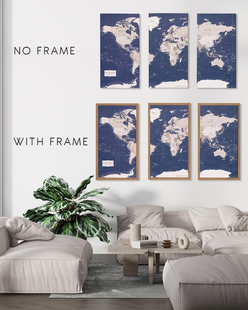 World Map Framed Wall Art, Travel Map With Pins 5th Anniversary Gift ...