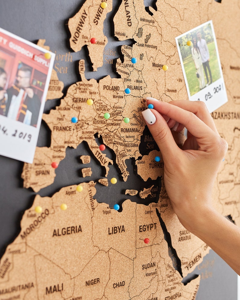 World Map Push Pin Wall Art Cork World Map Board Wooden - Etsy UK