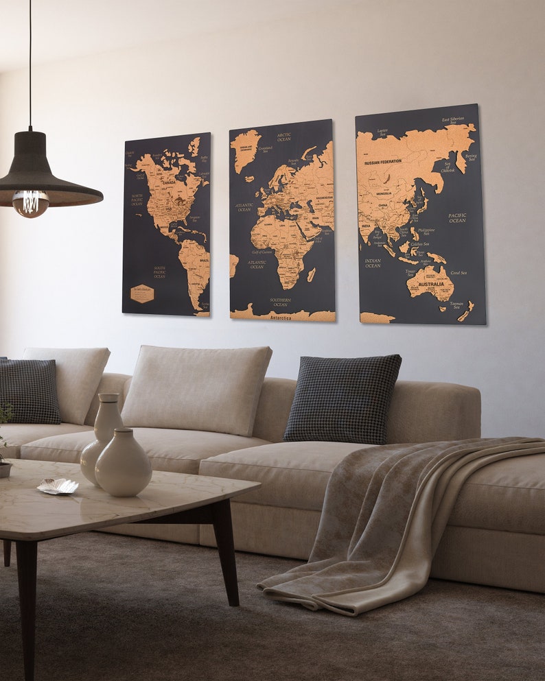 3 Panel Wall Art Above Bed Decor, World Map Wall Art Travel Map, Wood ...