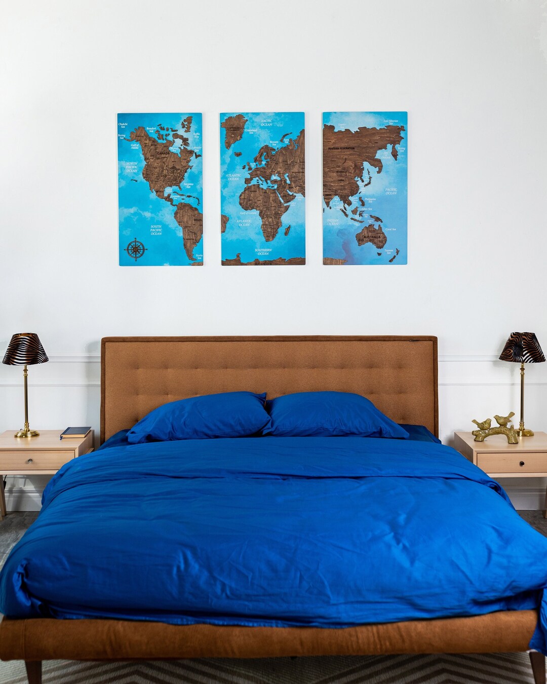 3 Piece Wall Art Above Bed Decor Wood World Map Wall Art 5th