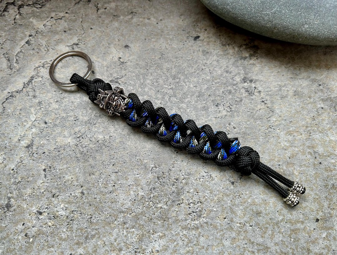 Keyring "knot and Samurai", Black, Blue, Silver, Paracord, Macramé ...