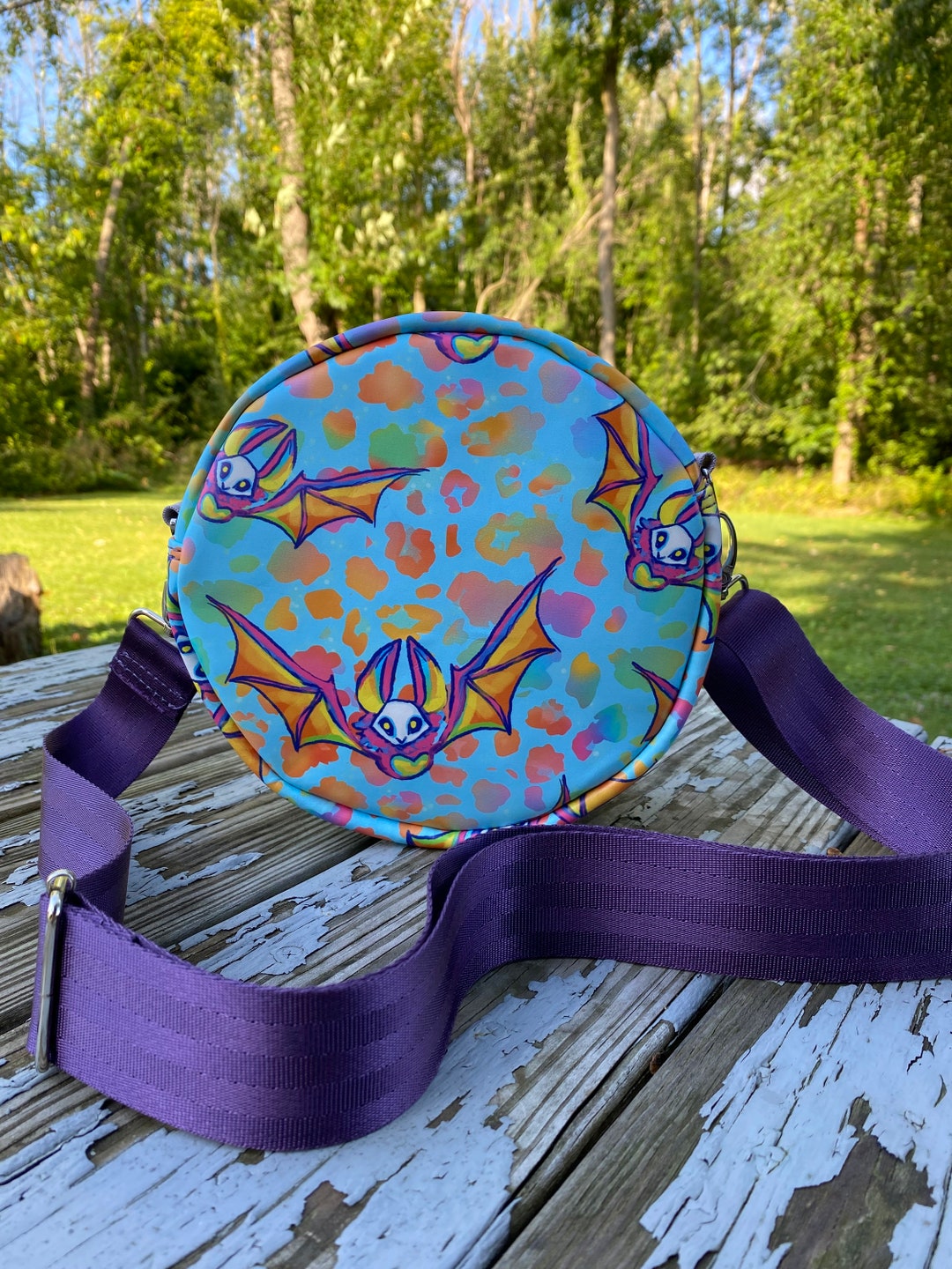 Halloween Spooky Neon Bat Round Crossbody Bag - Etsy
