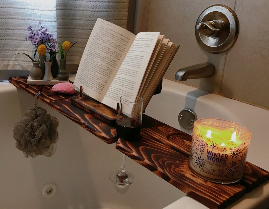 Rustic Bath Caddy for Book Lovers, With Wet Zone, Candle Holder, Wine ...