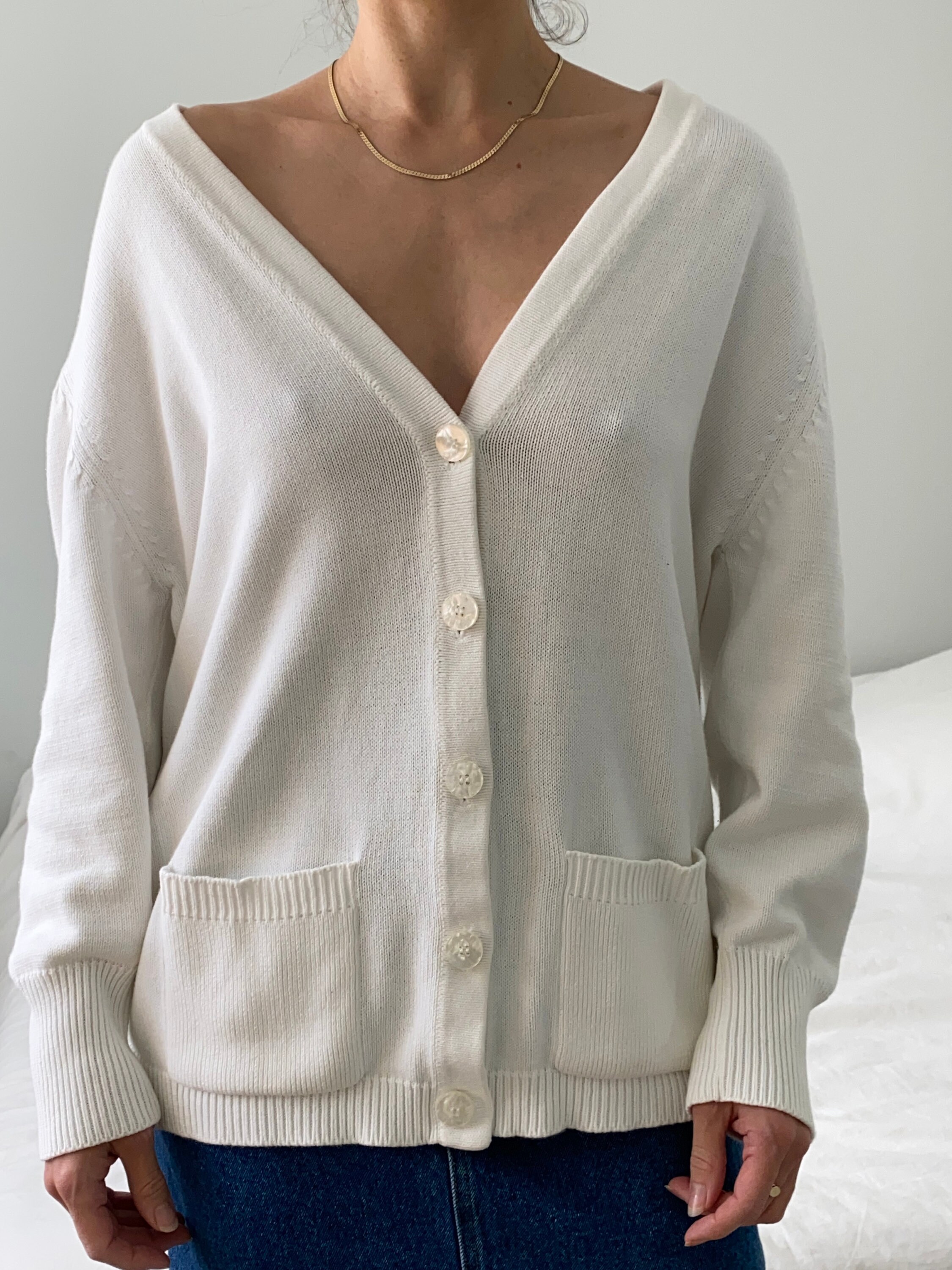 Cotton Knit Cardigan Chunky White Sweater Size M / L | Etsy