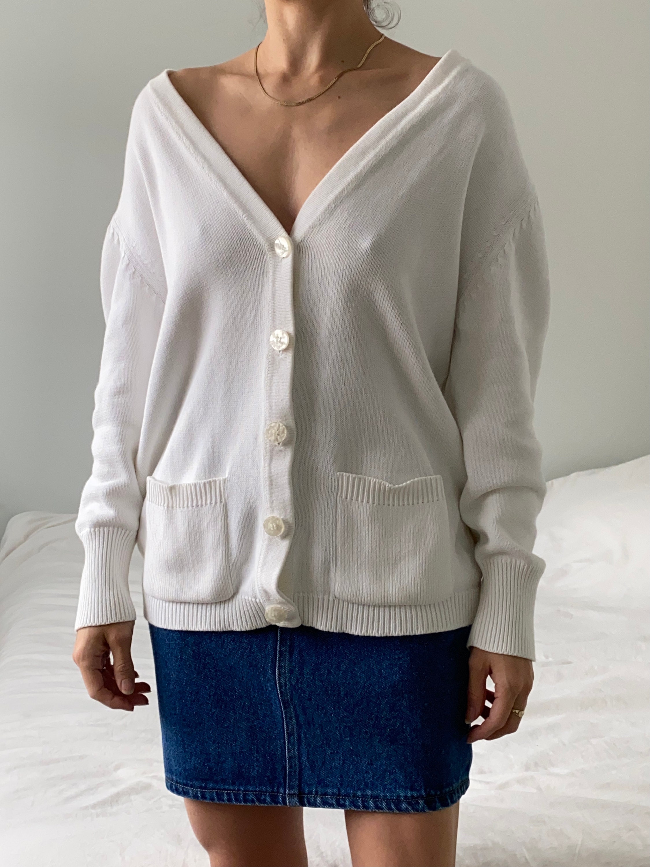 Cotton Knit Cardigan Chunky White Sweater Size M / L | Etsy