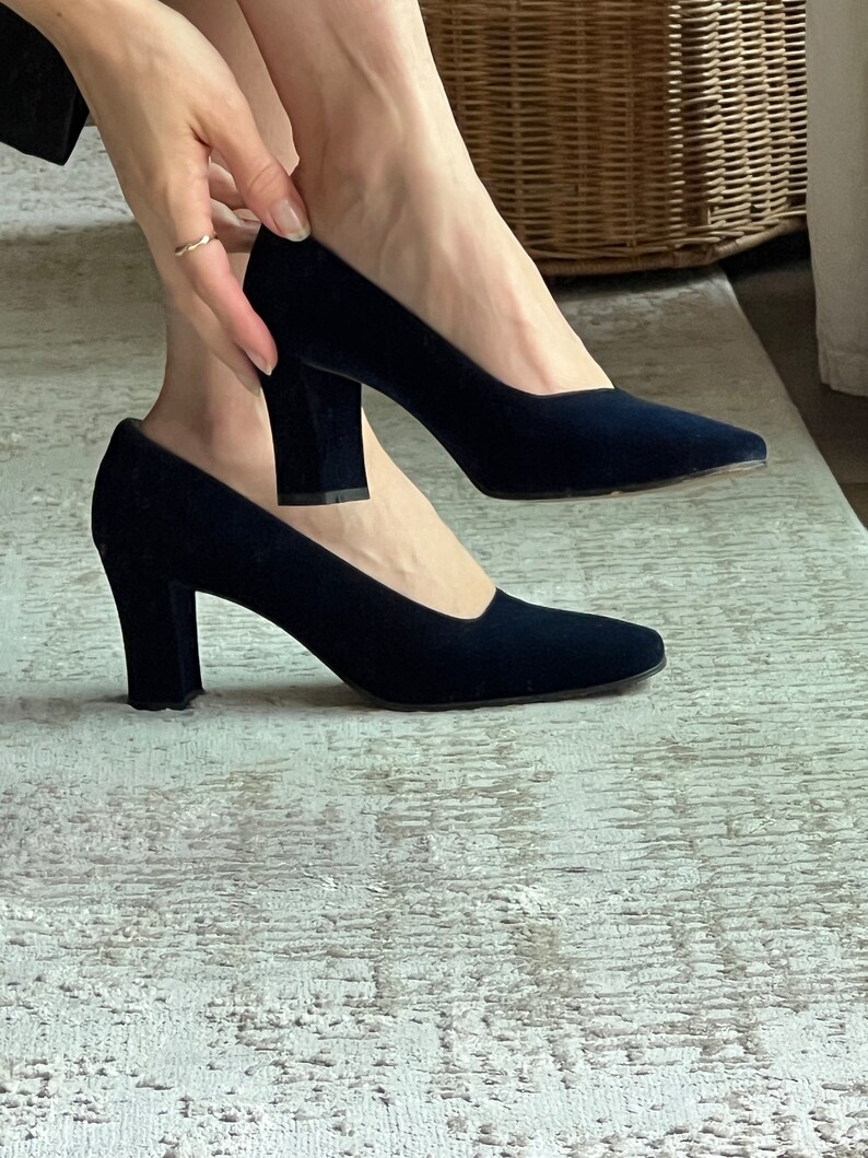 Blue Velvet Pumps 1990s Vintage Ocean Blue Block Heel Shoes - Etsy