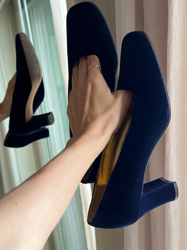 Blue Velvet Pumps 1990s Vintage Ocean Blue Block Heel Shoes - Etsy