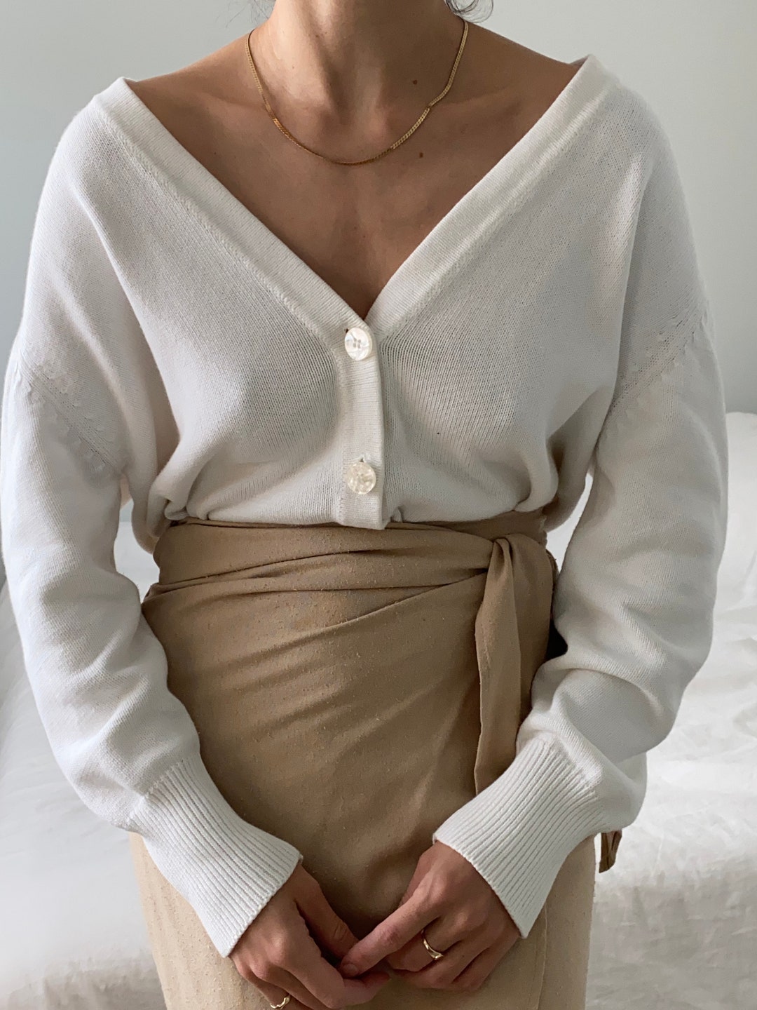 Cotton Knit Cardigan Chunky White Sweater Size M / L Vintage Minimalist ...