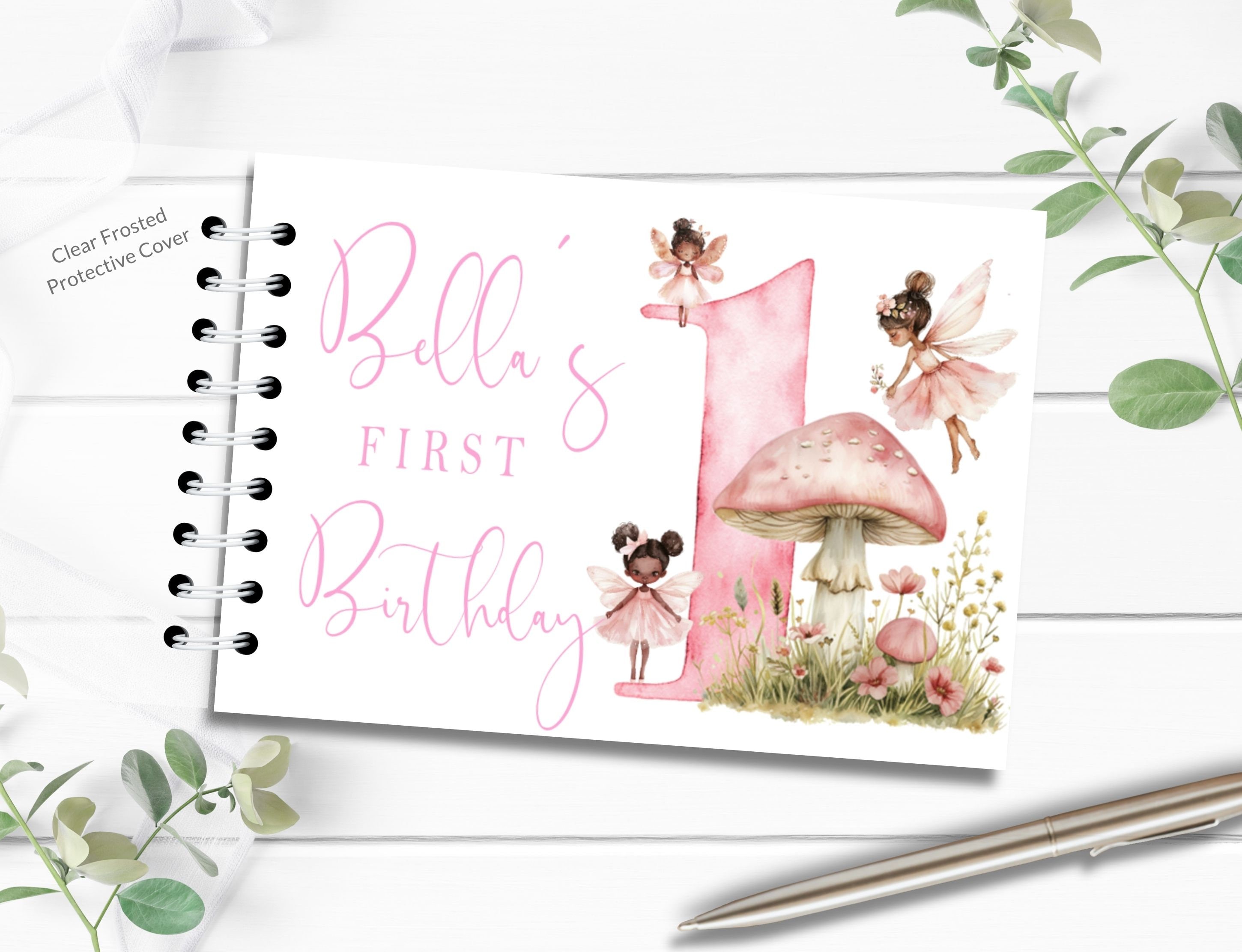 Personalised Dark Skin Fairy First 1st Birthday Guest Book, Guestbook ...