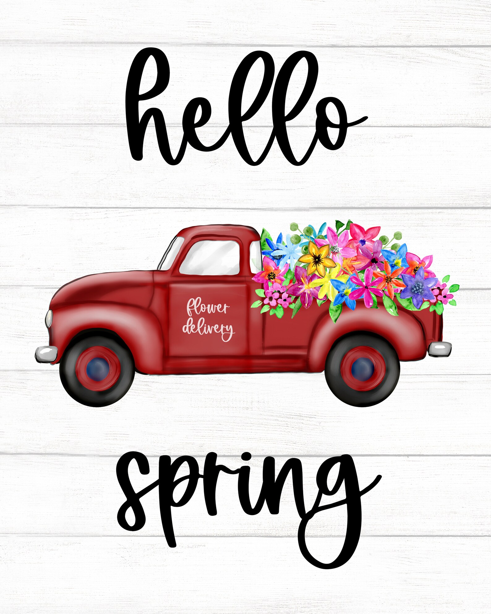 DIGITAL Download/antique RED Truck With Spring Flowers/hello Spring ...