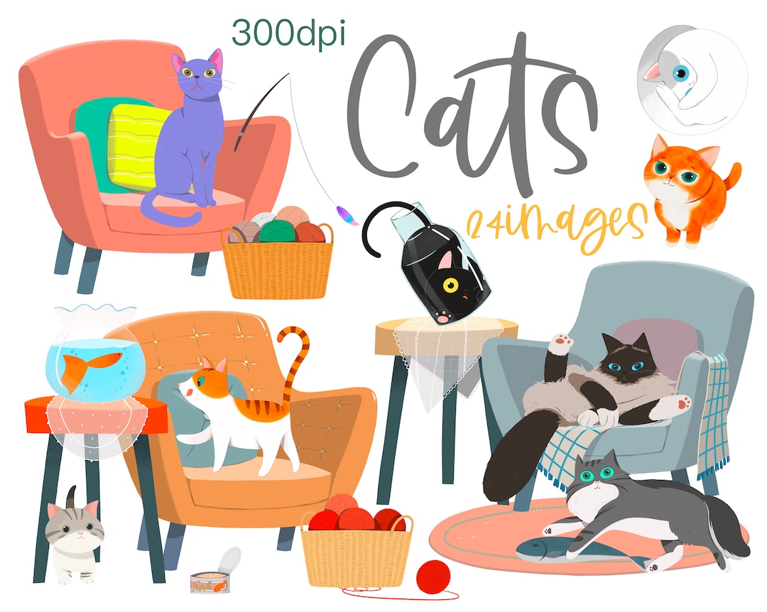Cute Cats Clipart / PNG Cliparts / Animal / Pet Cat / Cat - Etsy