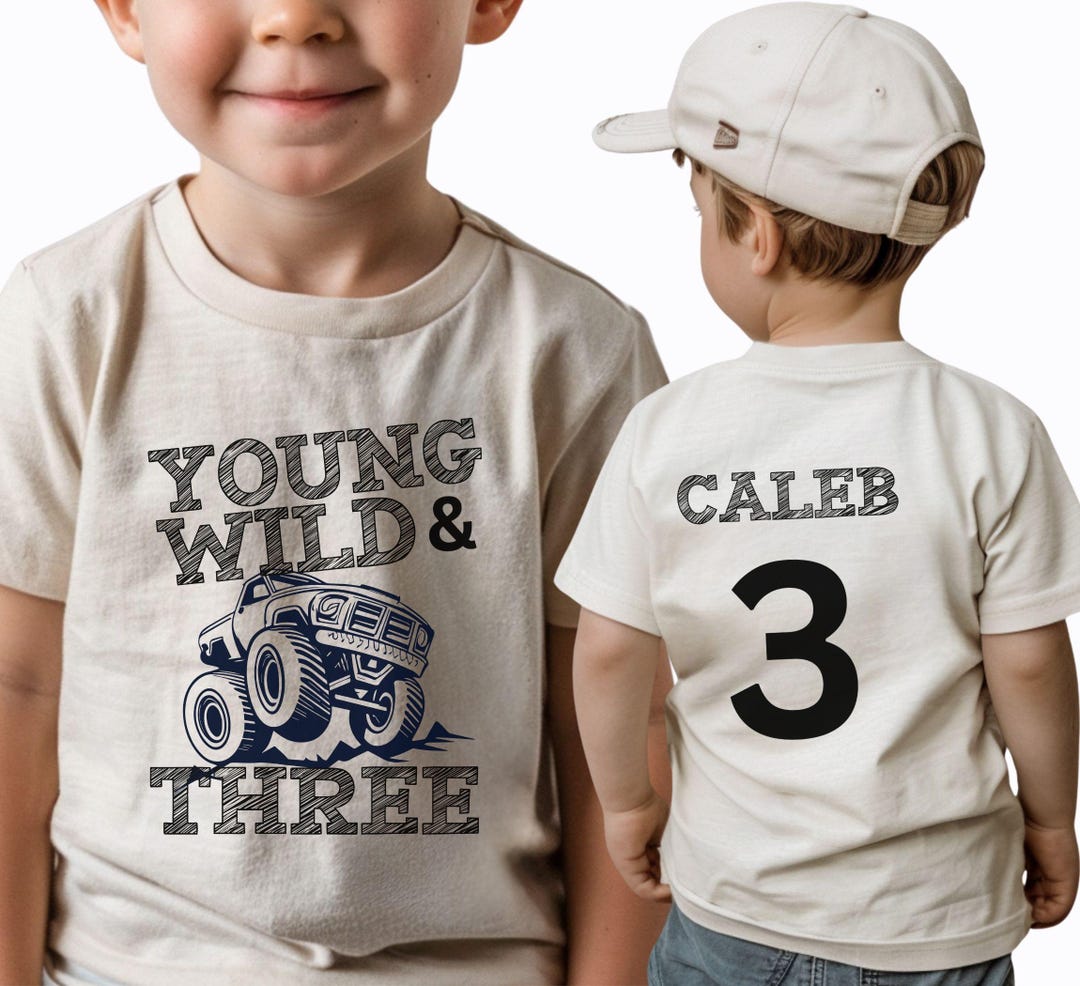 Boys Birthday Monster Truck Theme Young Wild & Three Third Party Family ...