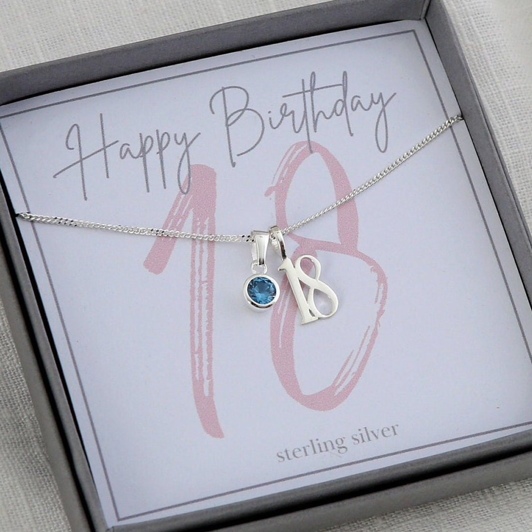 Girls Silver 18th Birthday Birthstone Necklace, 18 Charm Necklace, 18th ...