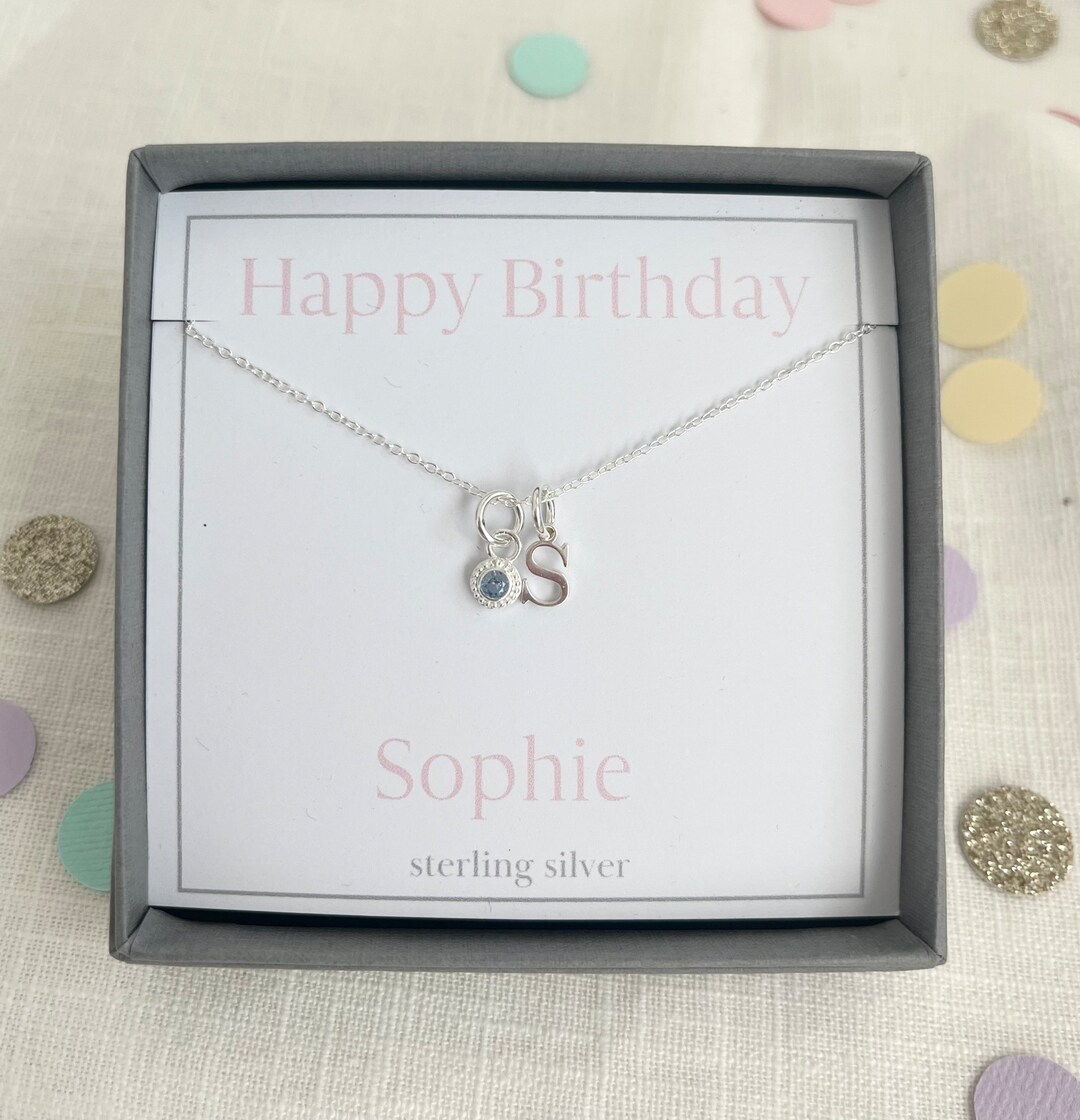 Girls Silver Initial Birthstone Necklace, Personalised Necklace for ...
