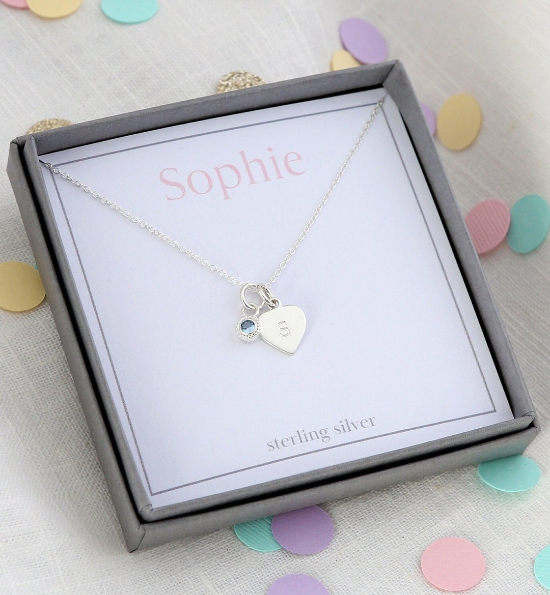 Girls Silver Heart Birthstone Necklace, Personalised Necklace for Girls ...