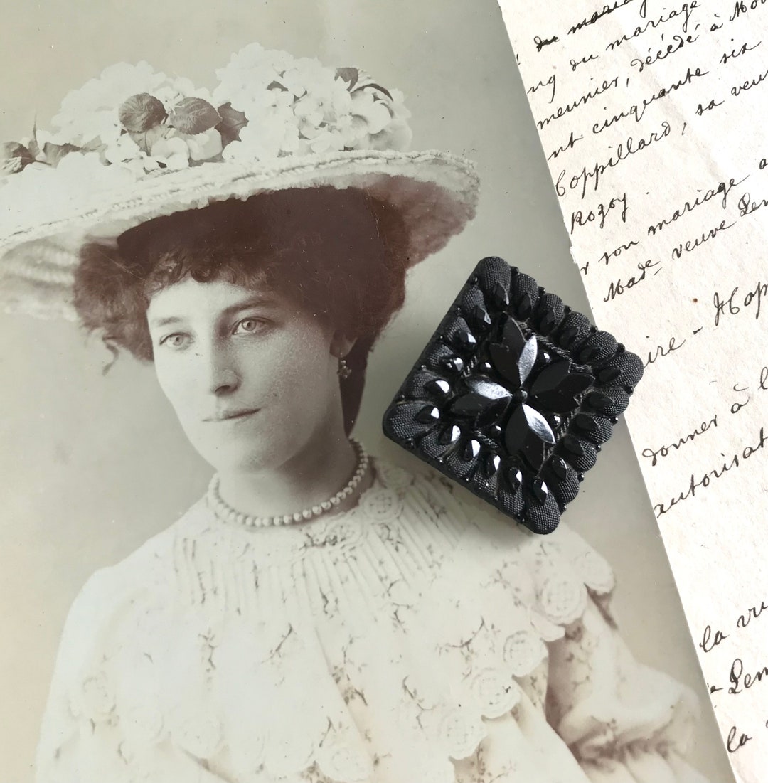 Antique French Jet Button, Black Glass Carved Button, 26 Mm, 1” Square ...