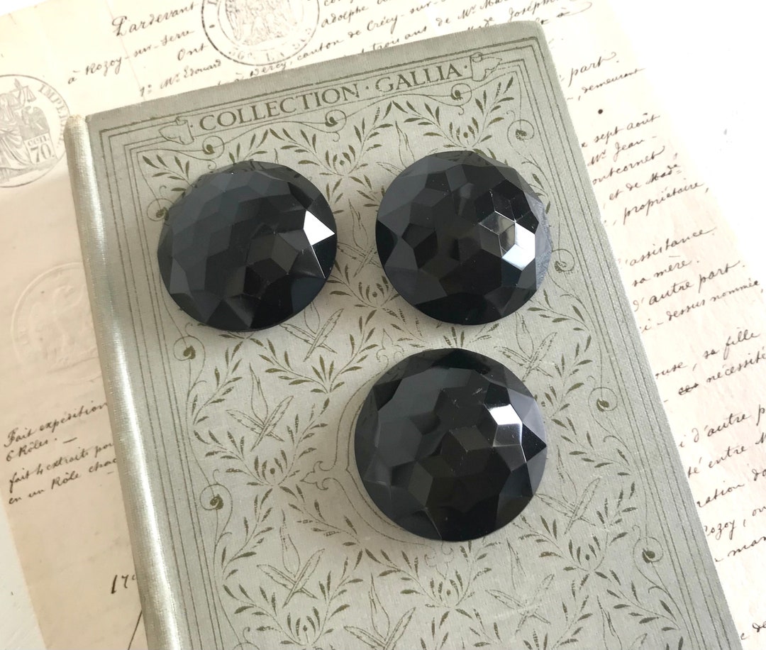 Antique French Jet Buttons, 3 Black Glass Faceted Mourning Buttons ...