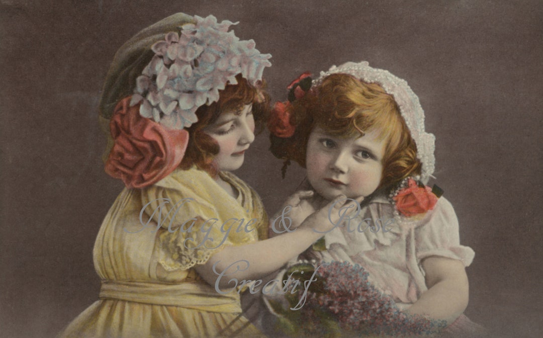 Printable Digital Image, Pretty Girls With Bonnets and Flowers Hand ...
