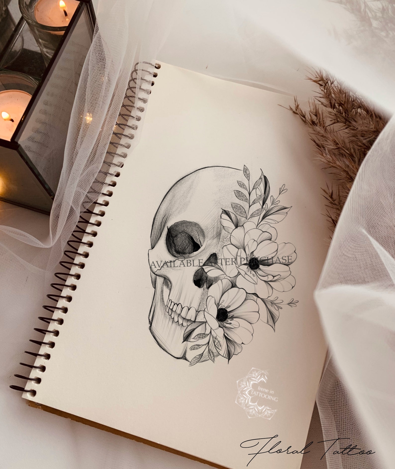 Tattoo Design Skull With Flowers Anemones Instant Download - Etsy