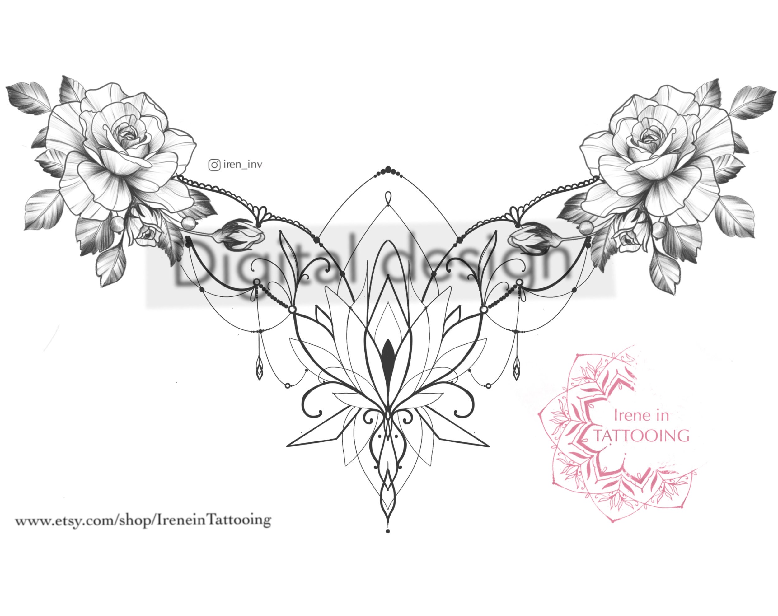 Tattoo Design Roses With Lotus Ornament Drawing Digital - Etsy