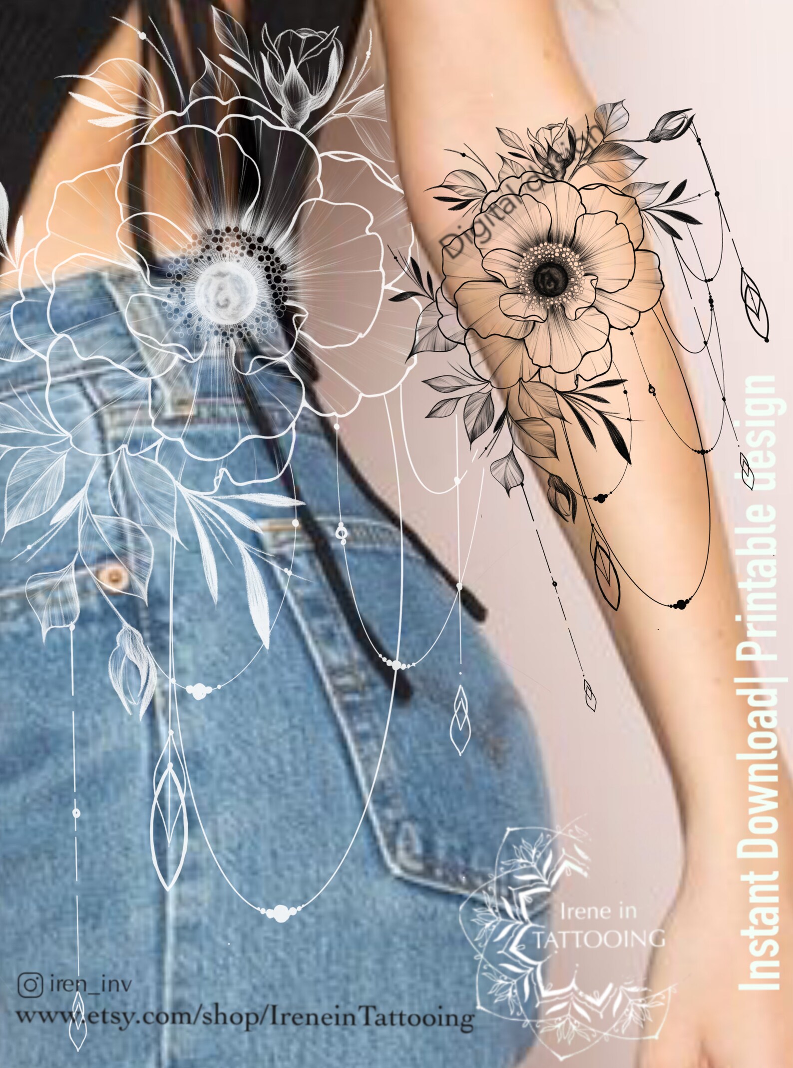 Instant Download Digital Tattoo Design Flower Drawing for - Etsy