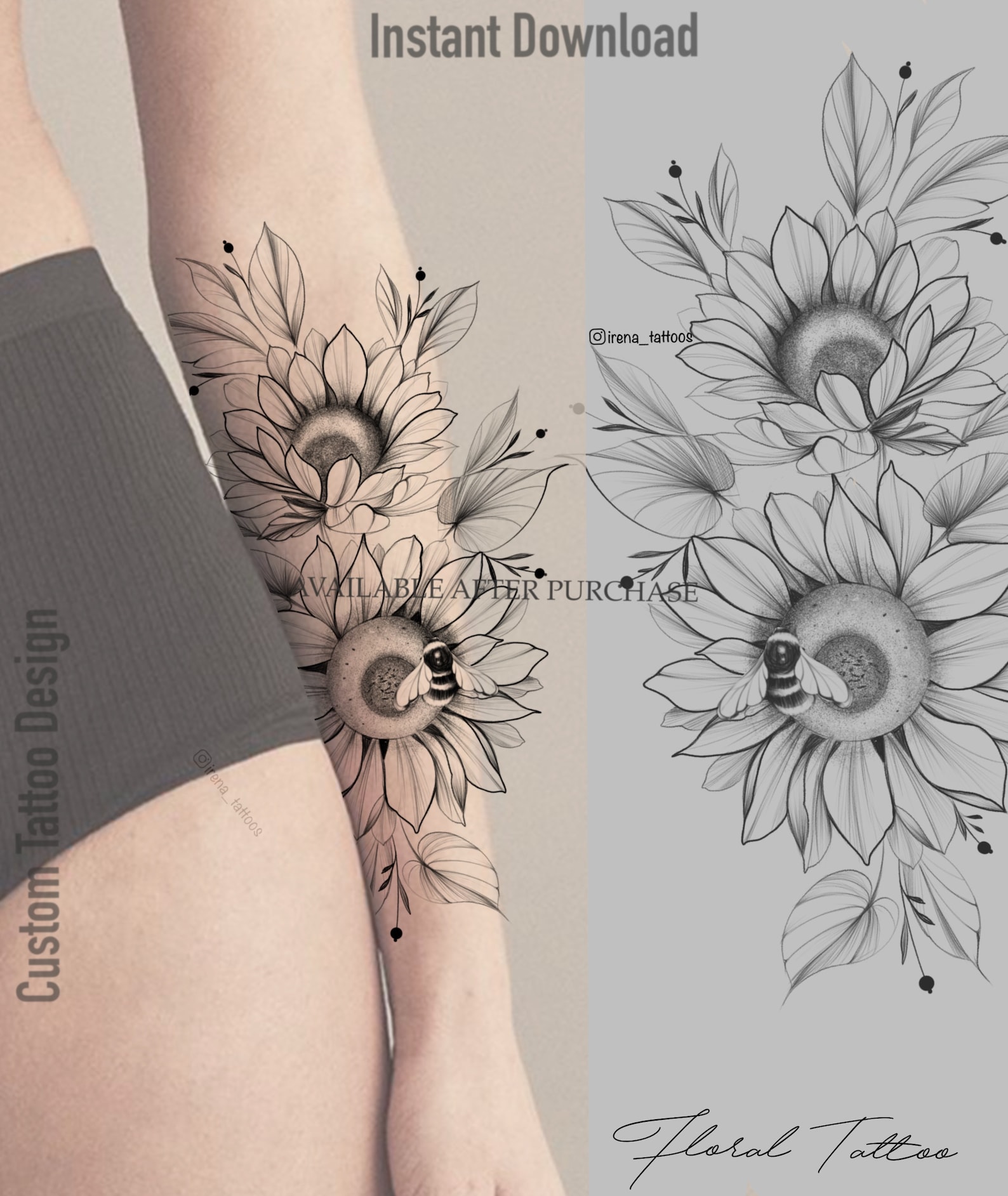 Sunflowers Tattoo Design | Instant Download | Digital Design ...