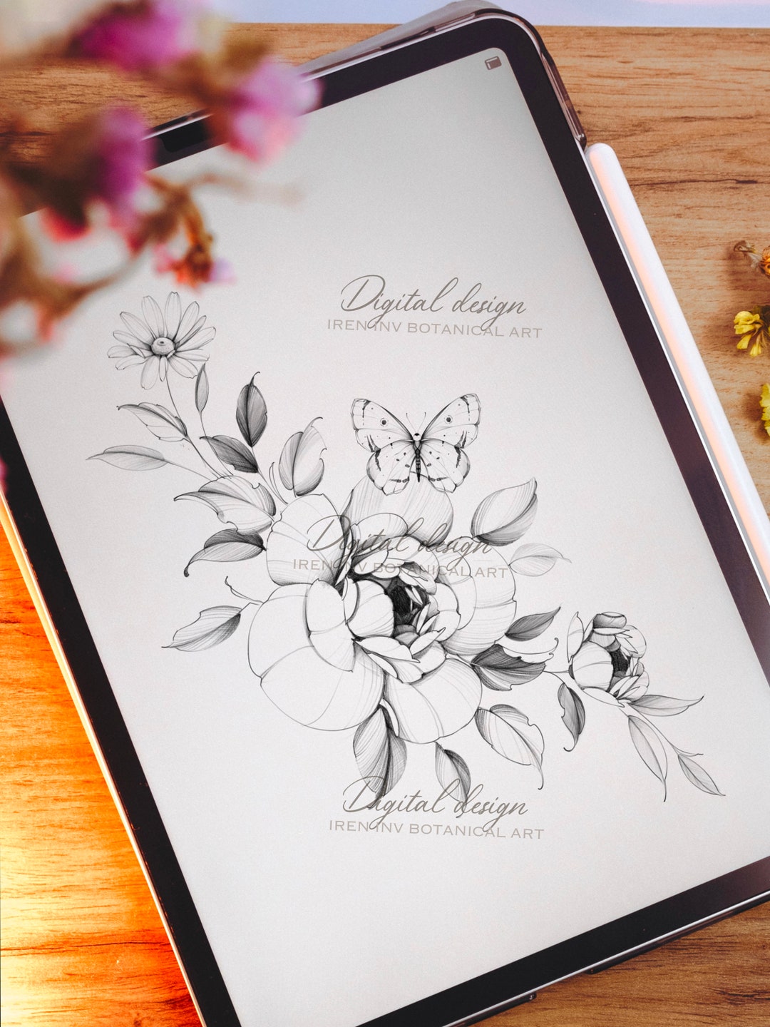 Butterfly Tattoo | Instant Download | Daisy Peony Flowers | Digital Art ...