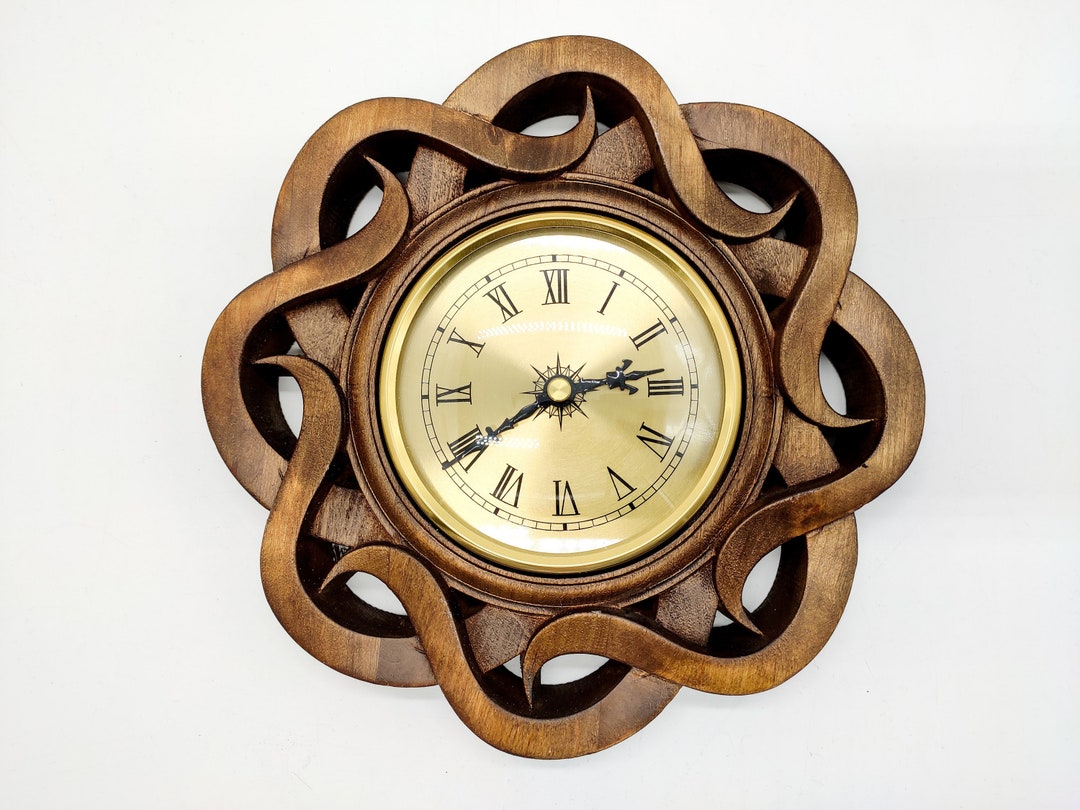 Large Wooden Wall Clock – Rustic Carved Wood Wall Art, Handmade Wooden ...