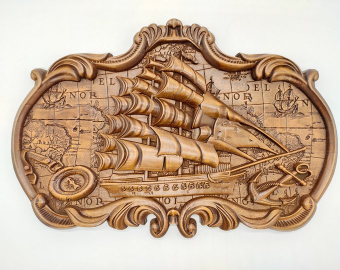 Beautiful High Detail 3D Cherry Framed Ship Carving on Old World Map - Etsy