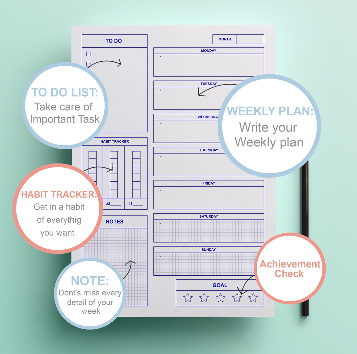 Weekly Planner Printable PDF/ Diary Calendar Page One Week - Etsy