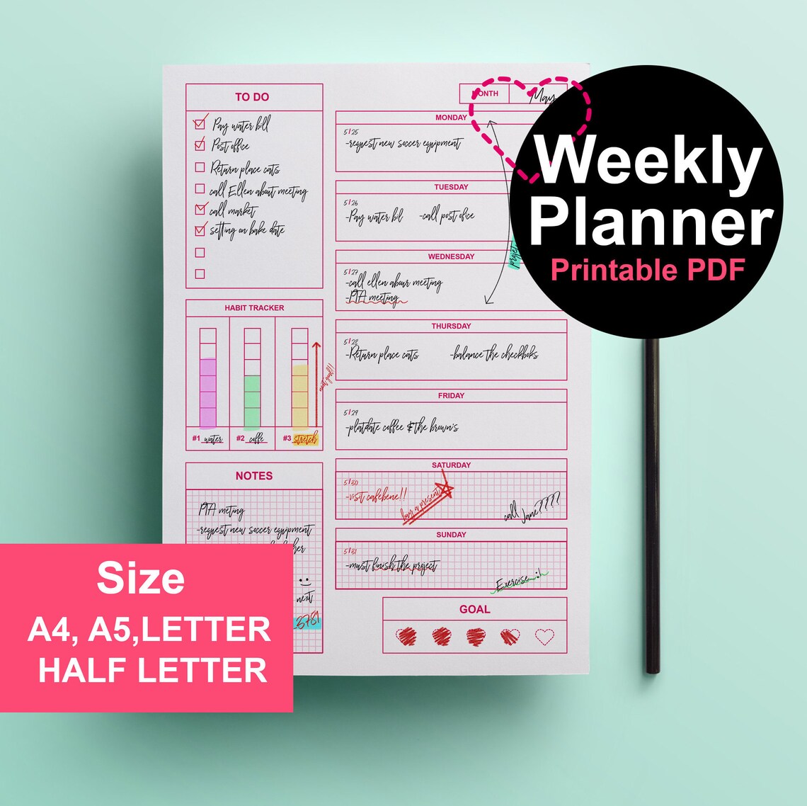 Weekly Planner Printable PDF/ Diary Calendar Page One Week Organiser ...