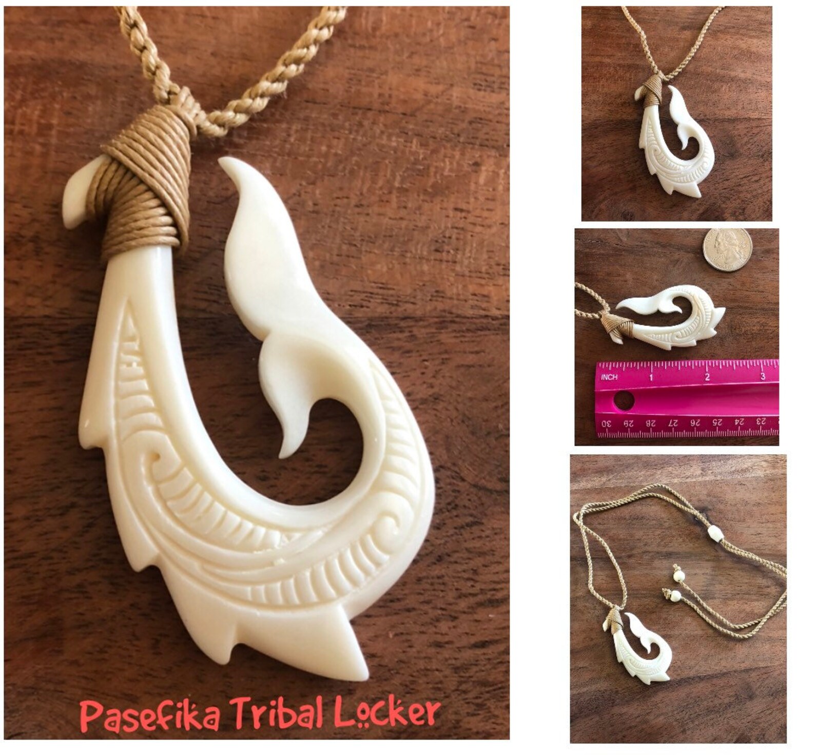 Hand Carved Buffalo Bone Makau Necklace: Adjustable Boho Surfer Jewelry ...