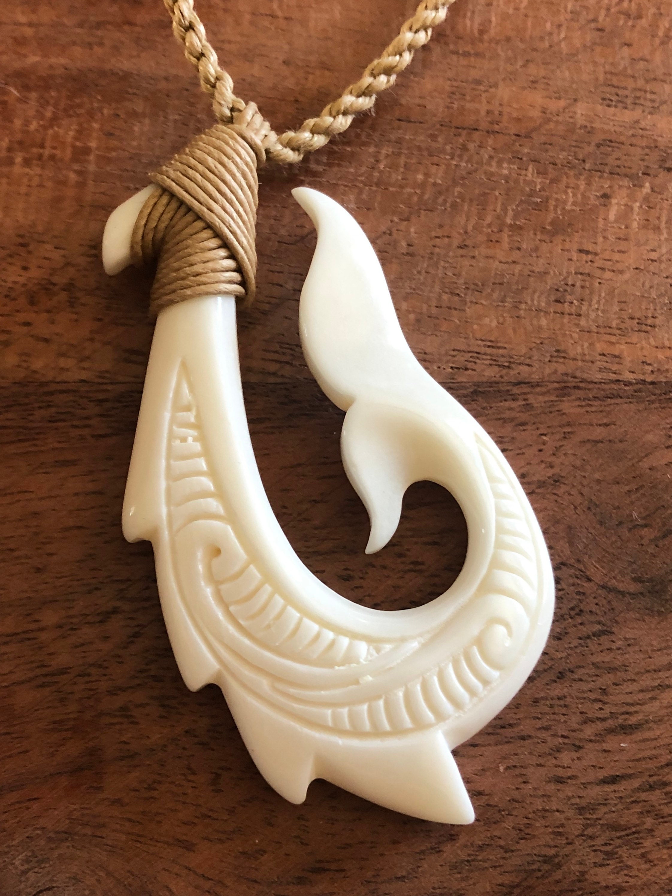 Hand Carved Buffalo Bone Makau Necklace: Adjustable Boho Surfer Jewelry ...