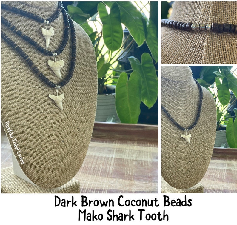 Authentic Mako & Fossilized Moroccan Shark Tooth Necklaces on Coconut ...