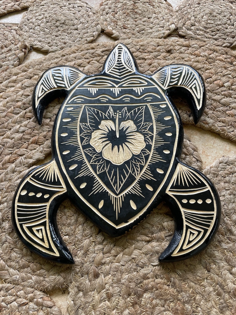 Hand Carved Sea Turtle Plaque – Polynesian Hibiscus Wood Wall Art - Etsy
